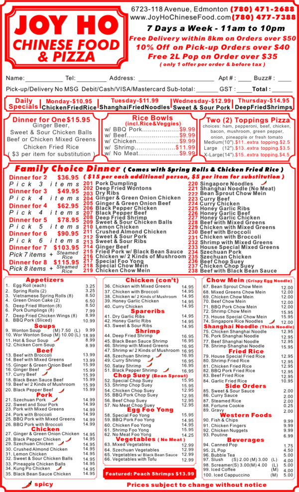 Menu - Joy Ho Chinese Food & Pizza in Edmonton